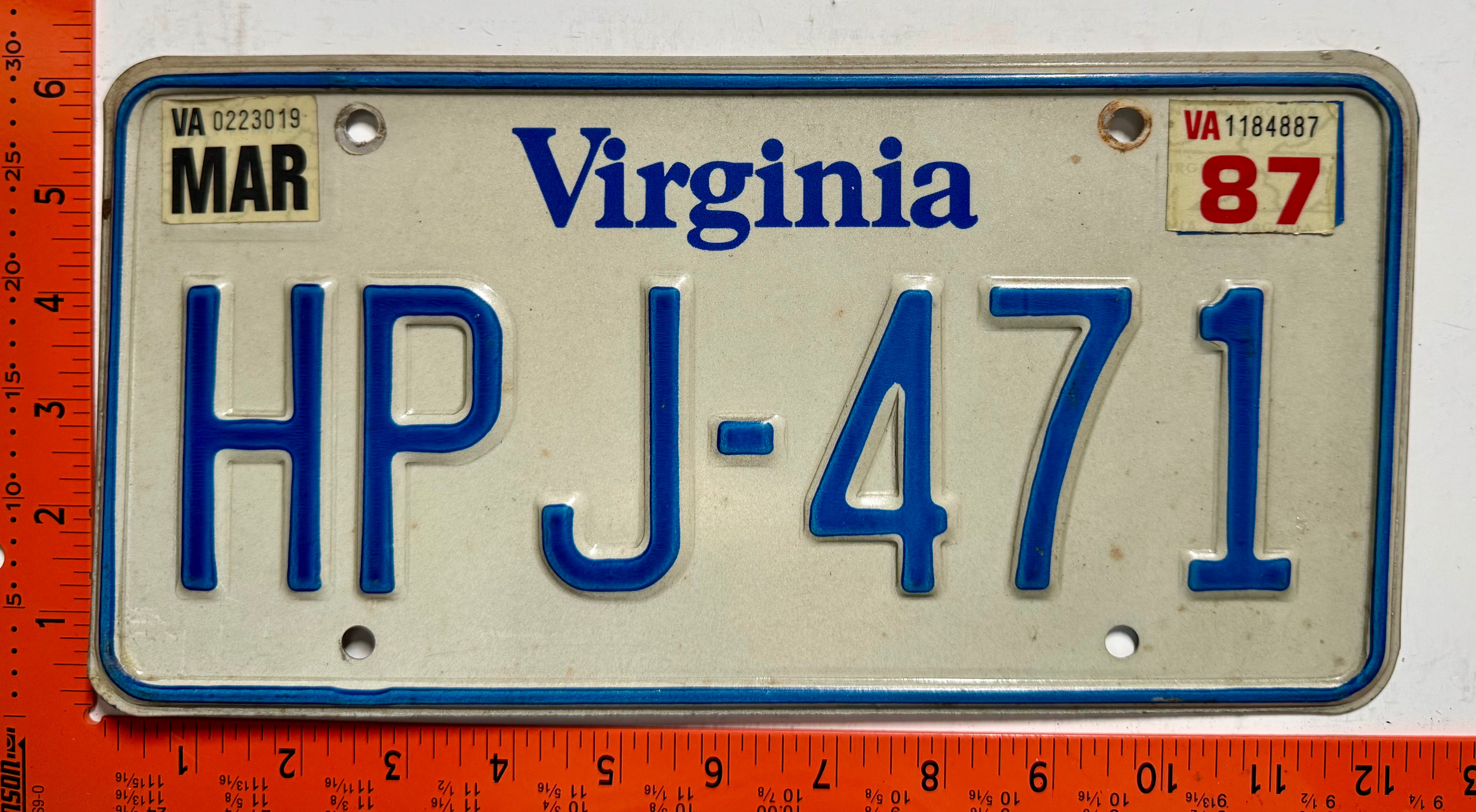 1987 Virginia #HPJ-471 Passenger License Plate – LicensePl8s.com